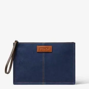 Fendi Ff Flat Pouch Dark Blue Denim Fabric Pouch
